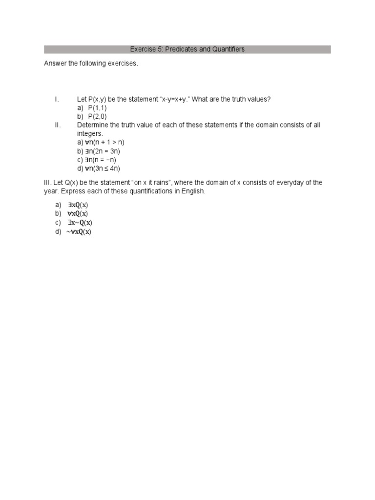 Exercise Predicates and Quantifiers | PDF