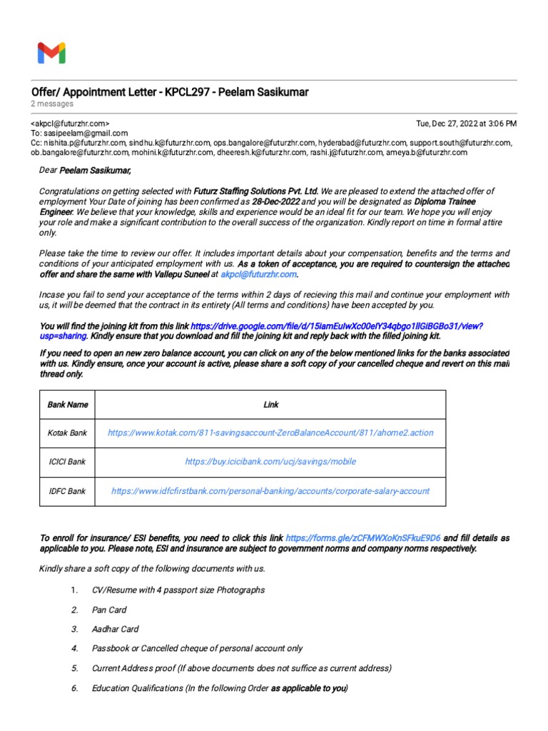 Gmail - Offer - Appointment Letter - KPCL297 - Peelam Sasikumar PDF ...