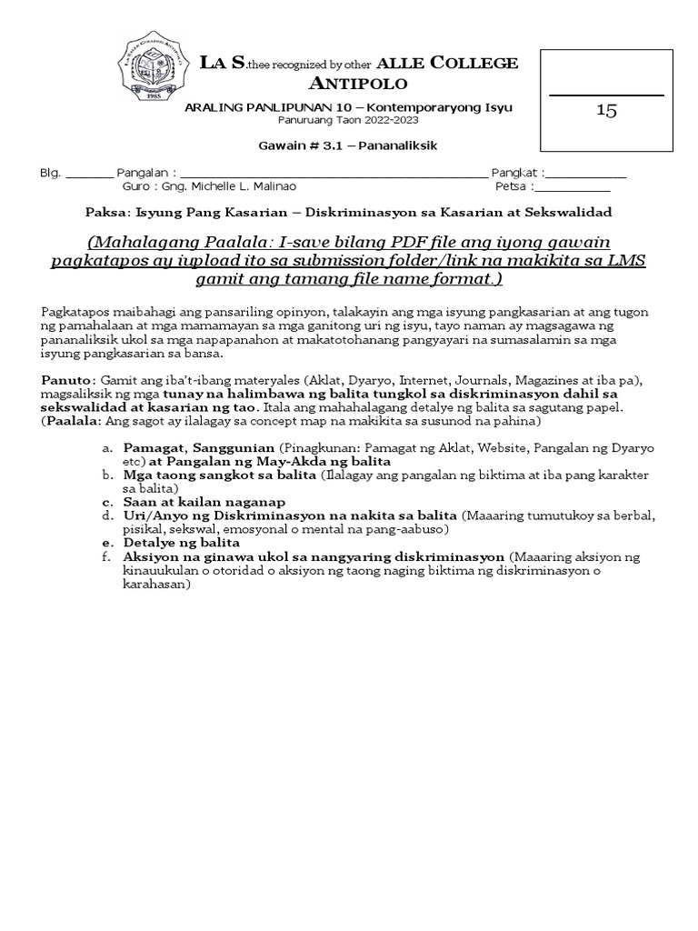 Gawain # 3.1 - Pagsasaliksik Ukol Sa Diskriminasyon | PDF