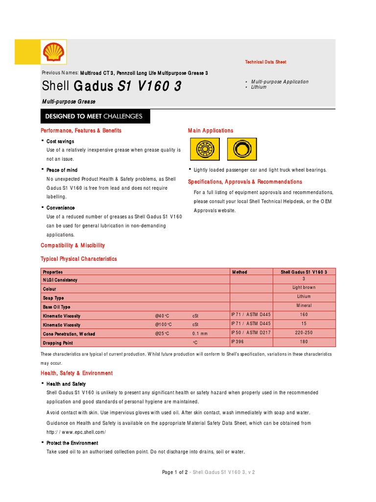 Technical Specifications and Performance Details for Shell Gadus S1 ...