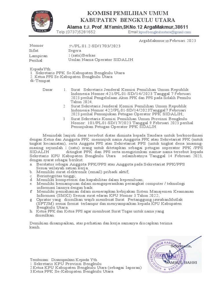 Surat Nama Operator SIDALIH Edit | PDF