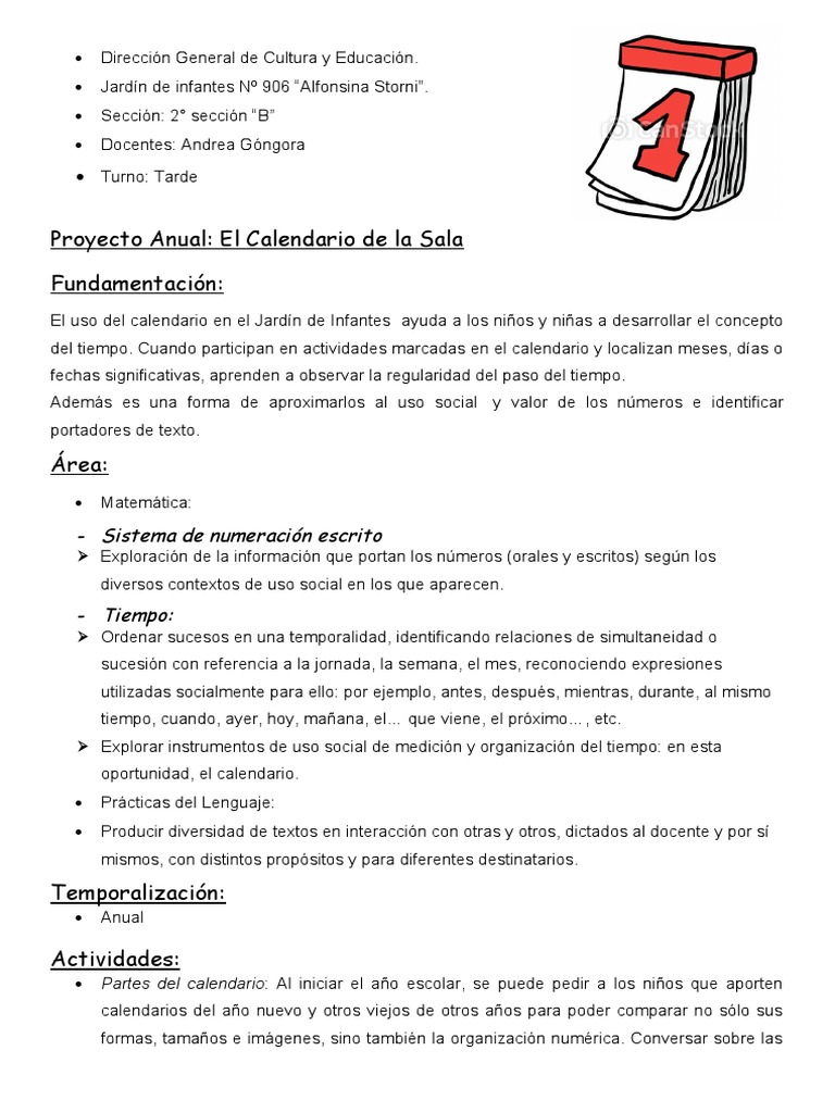 Proyecto Anual El Calendario de La Sala | PDF | Calendario | Educación ...