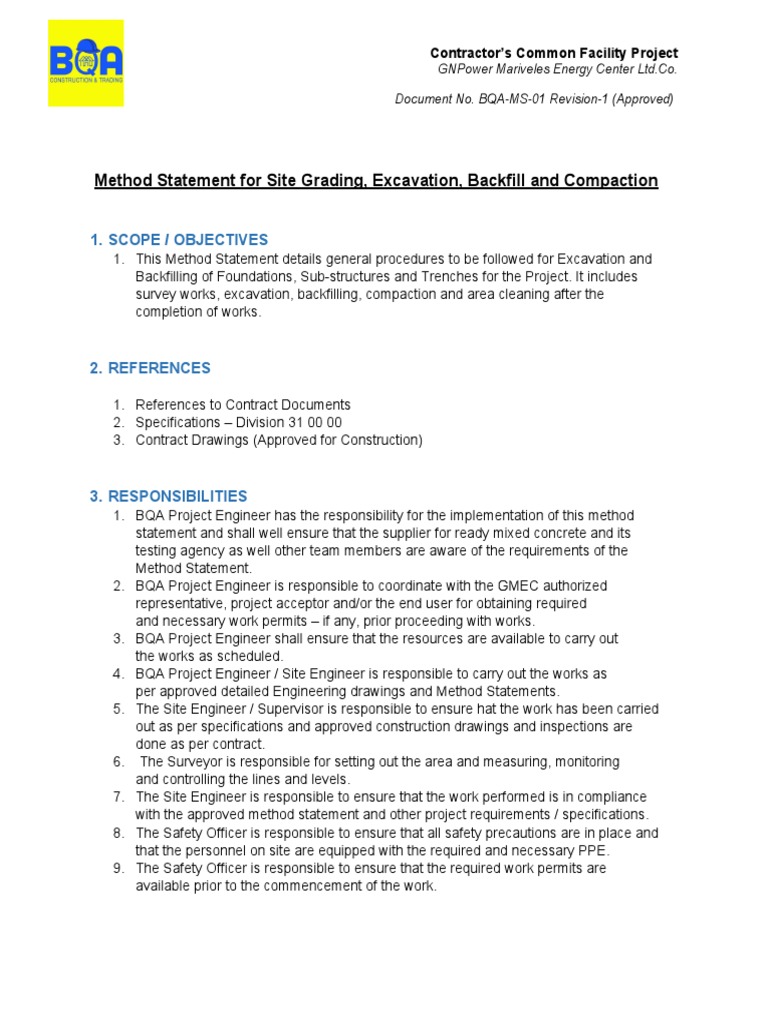 BQA-01 Method Statement For Site Grading & Excavation - REV-1 Approved | PDF | Concrete ...