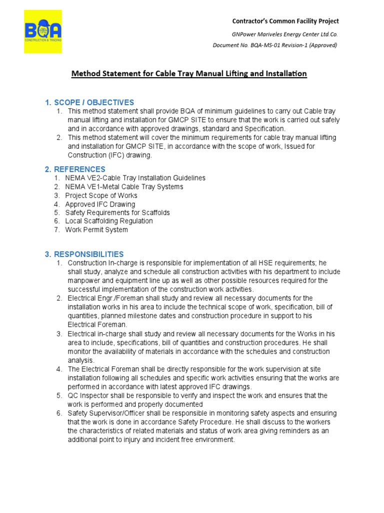 Method Statement For Cable Tray Manual Lifting and Installation | PDF ...