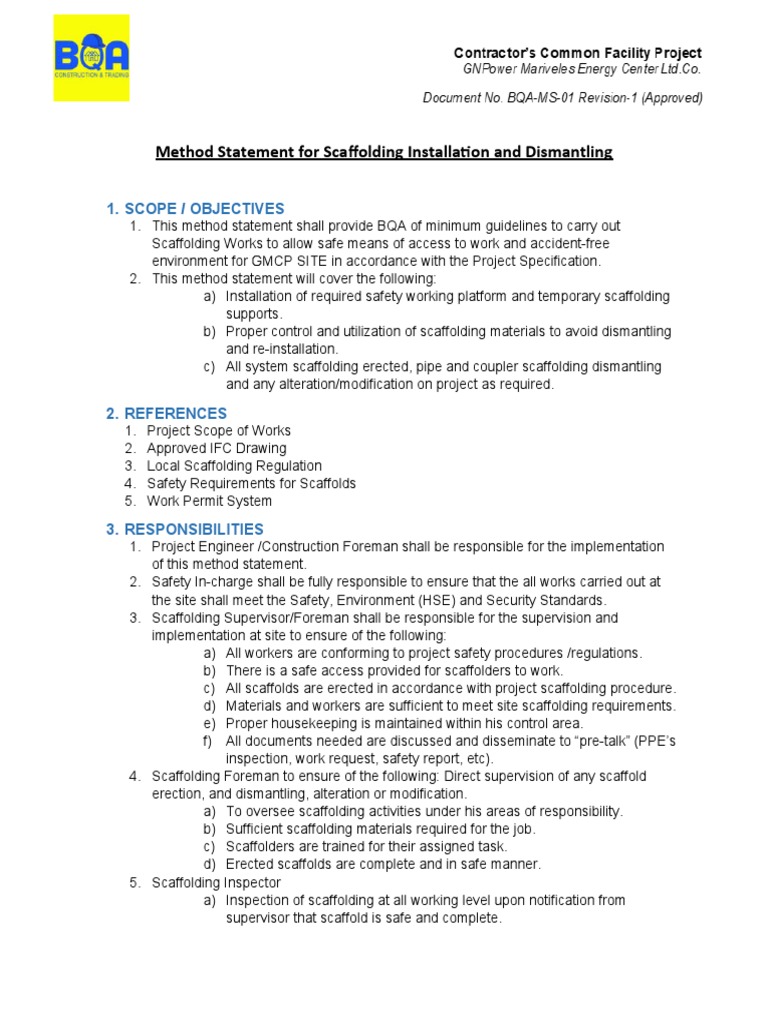 Method Statement For Scaffolding Installation and Dismantling | PDF ...