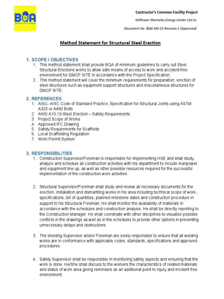 Method Statement for Structural Steel Erection | PDF | Stairs | Crane (Machine)