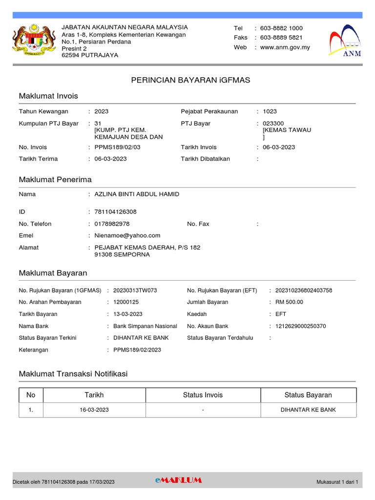 Perincian Bayaran Igfmas: No Tarikh Status Invois Status Bayaran | PDF