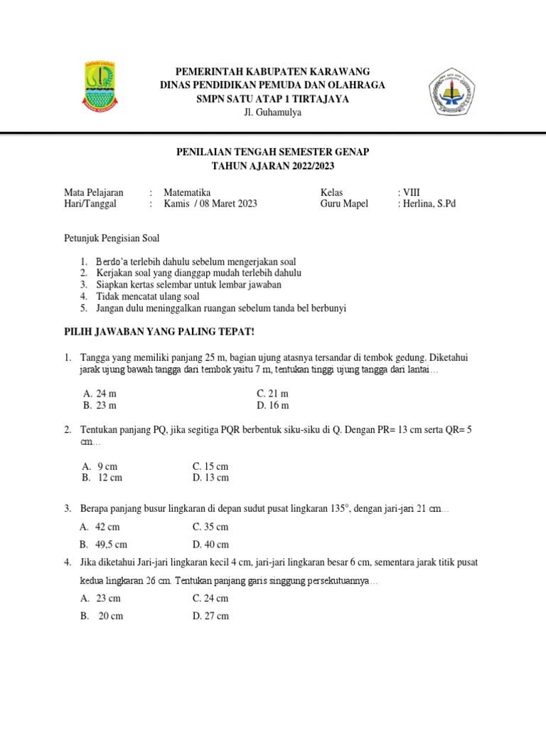 Soal PTS Kelas 8 Matematika 2022.2023 | PDF