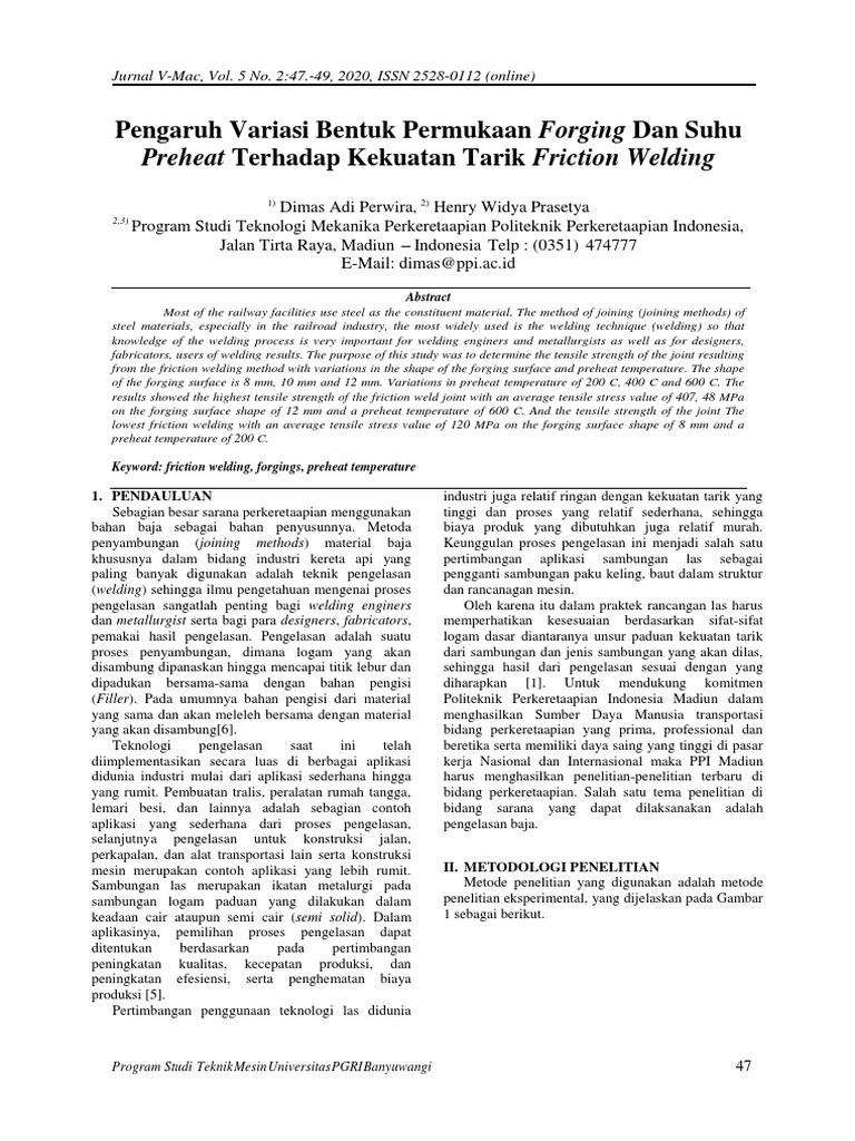 Pengaruh Variasi Bentuk Permukaan Forging Dan Suhu Preheat Terhadap Kekuatan Tarik Friction ...