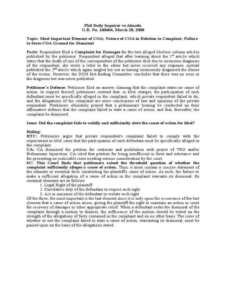 Phil Daily Inquirer Vs Almeda | PDF | Cause Of Action | Complaint