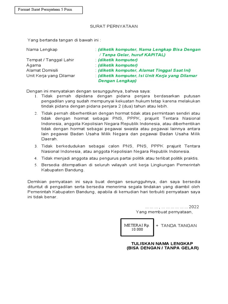 Format Surat Pernyataan 5 Poin Pemberkasan PPPK Tahun 2022 | PDF