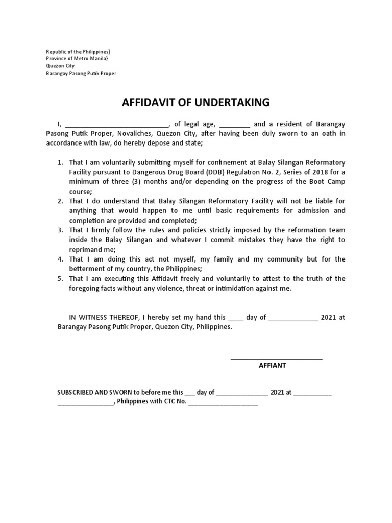 Affidavit Undertaking For Barangay Drug Clearing | PDF