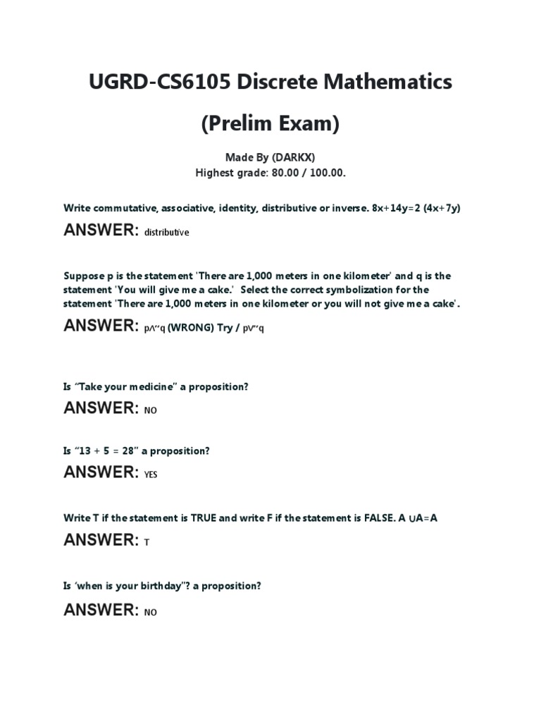 Discrete Mathematics Prelim Exam Answers | PDF | Logic | Mathematics