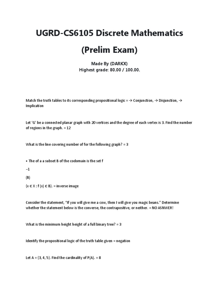 Discrete Mathematics Prelim Exam Solutions | PDF | Function ...