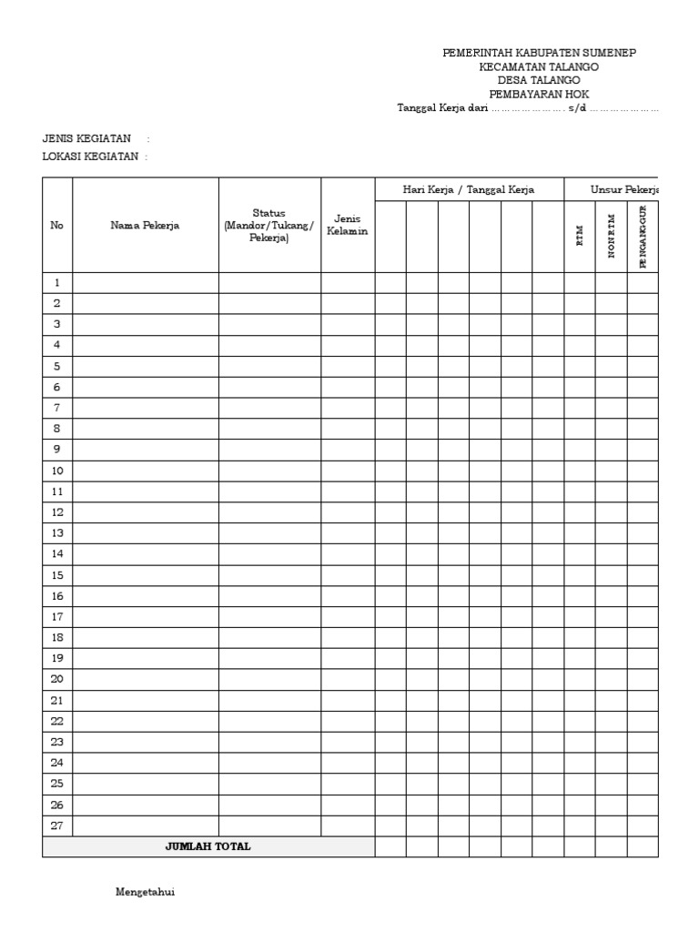 Form Pembayaran Pekerja (Hok) | PDF