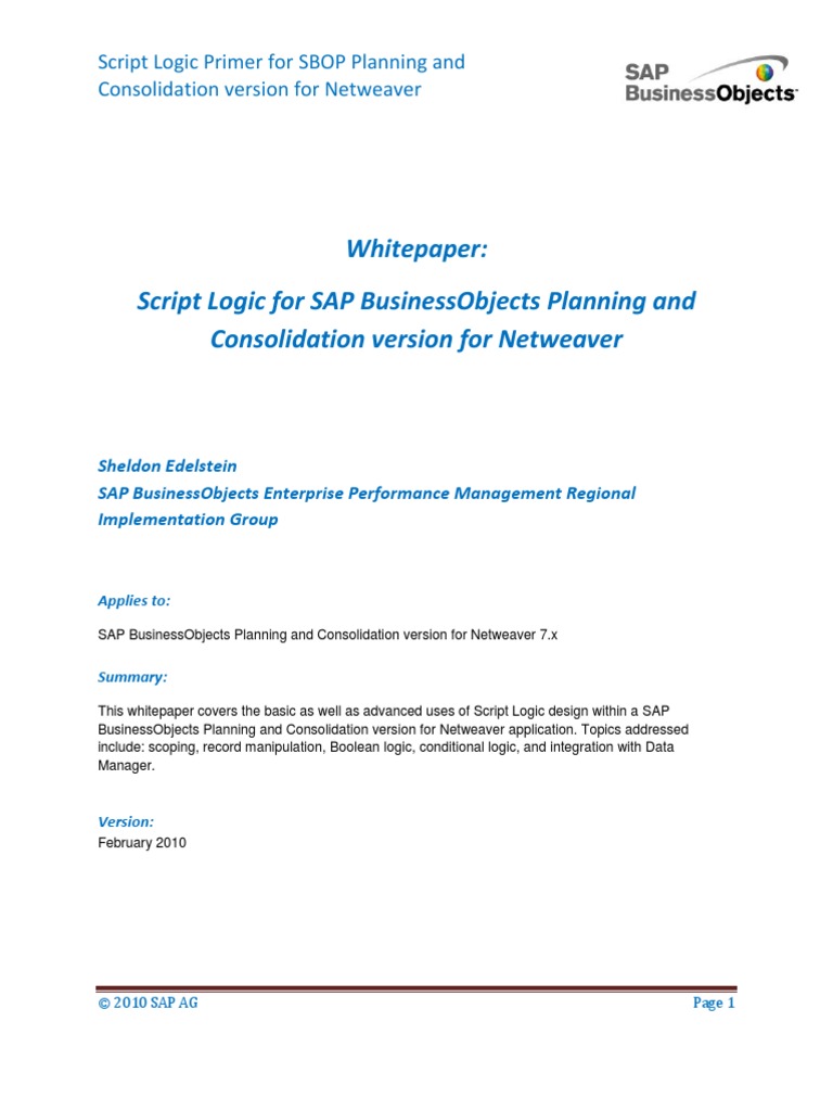 Script Logic Sap Bpc 75 Nw Pdf Scope Computer Science