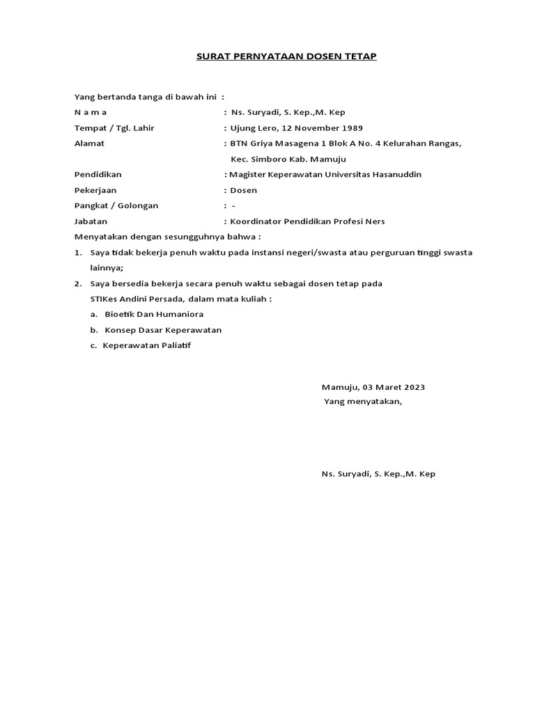 Contoh Surat Pernyataan Dosen Tetap1 PDF | PDF