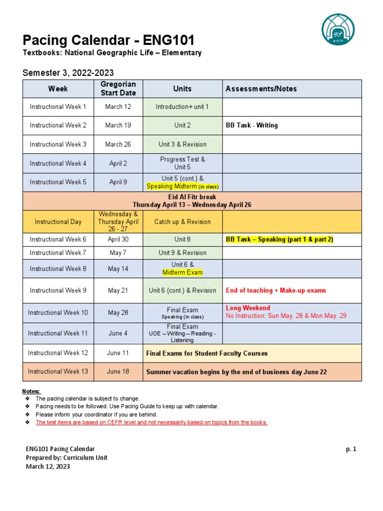 2022-2023 - Semester 2-ENG101 Pacing Calendar | PDF | Teachers | Lesson ...