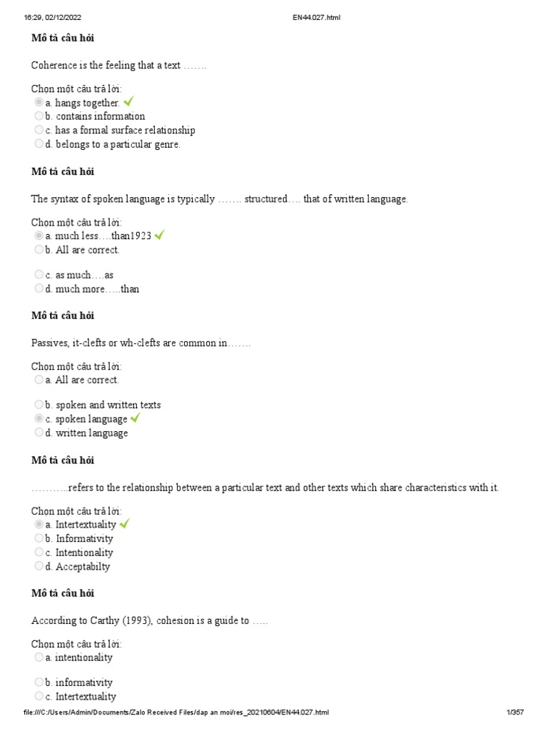 Phân tích diễn ngôn - đáp án | PDF | Ellipsis | Syntax