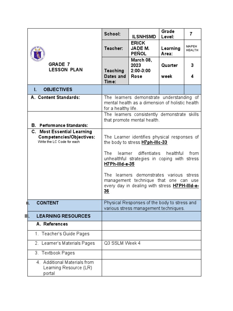 Managing Stress and Promoting Mental Health: A Lesson Plan for Grade 7 ...