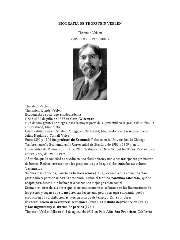 Biografia de Thorstein Veblen | PDF | Thorstein Veblen | Economias