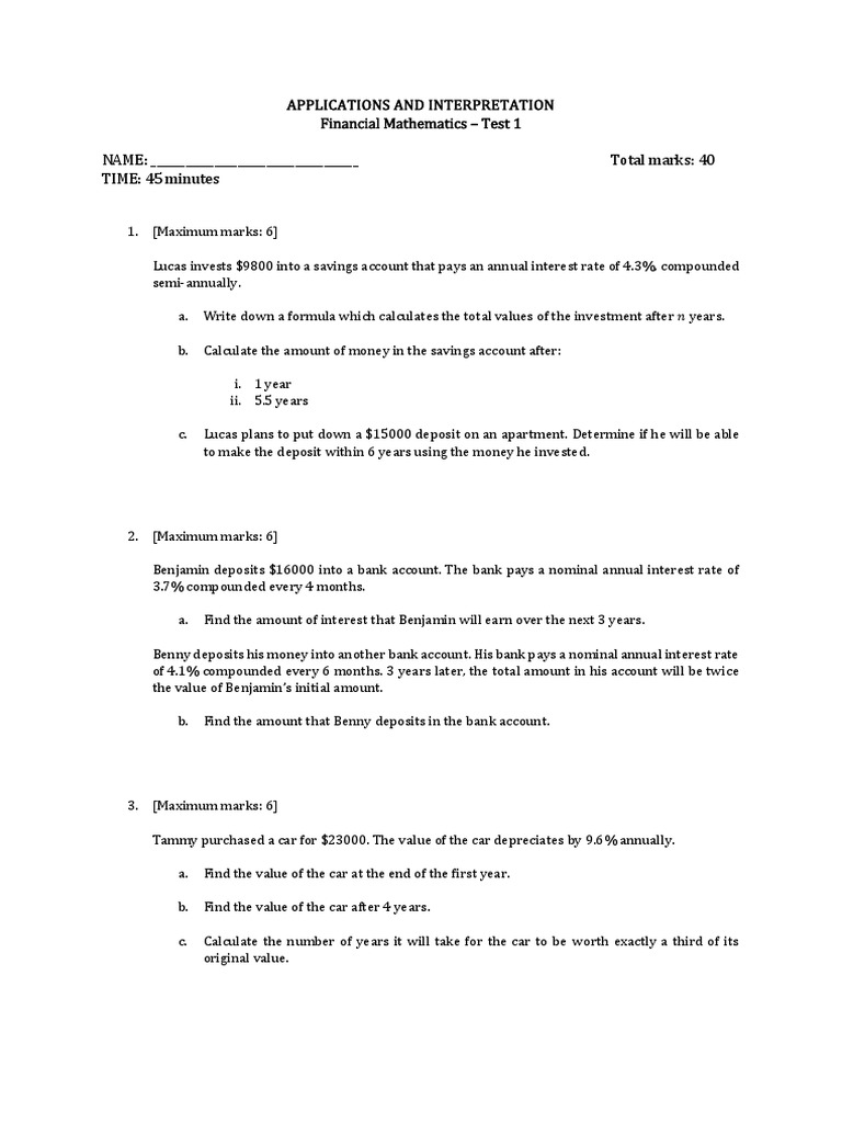Financial Mathematics Test 1 | PDF | Interest | Mortgage Loan