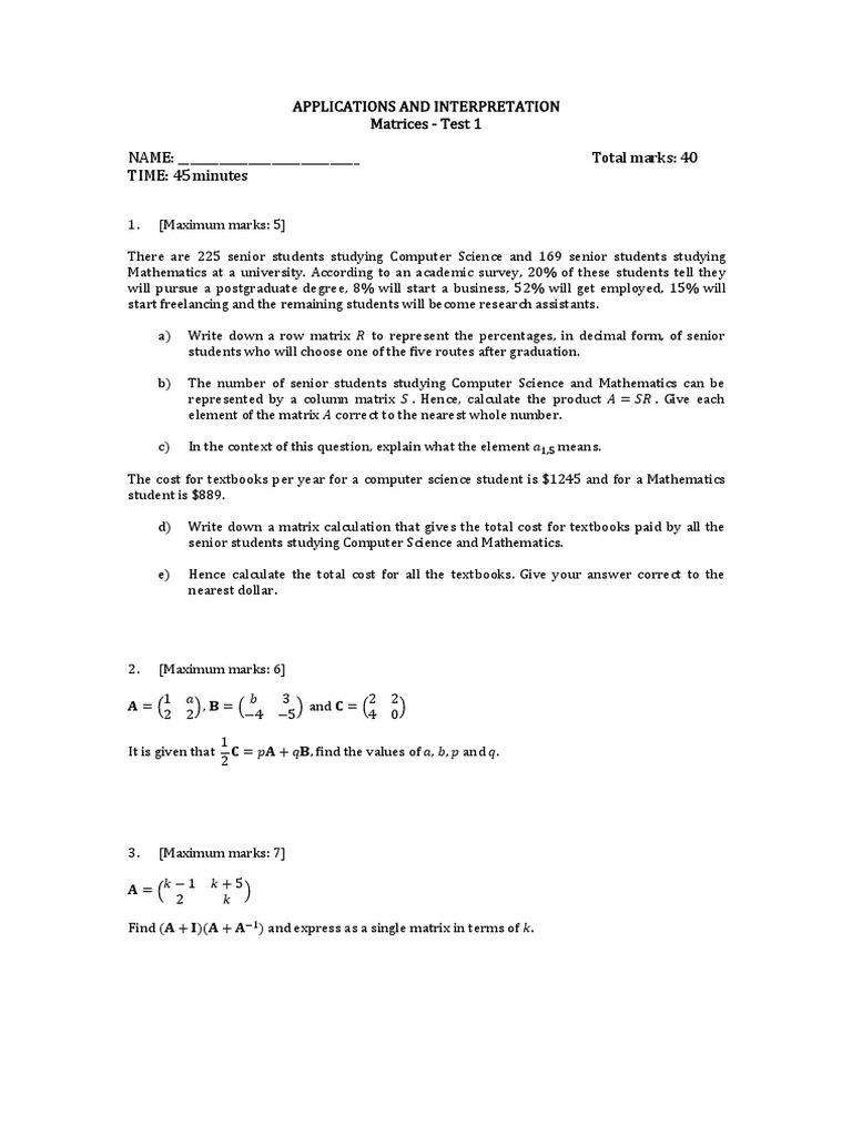 Matrices - Test 1 | PDF | Matrix (Mathematics) | Matrix Theory