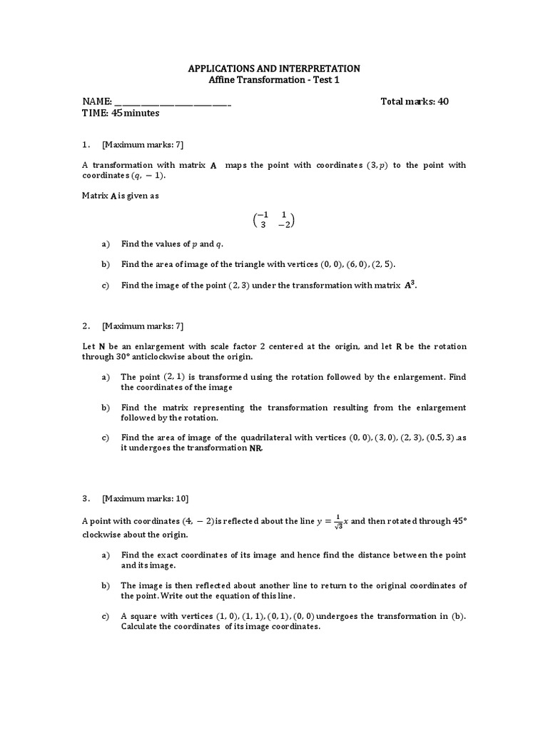 Affine Transformation - Test 1 | PDF | Area | Matrix (Mathematics)