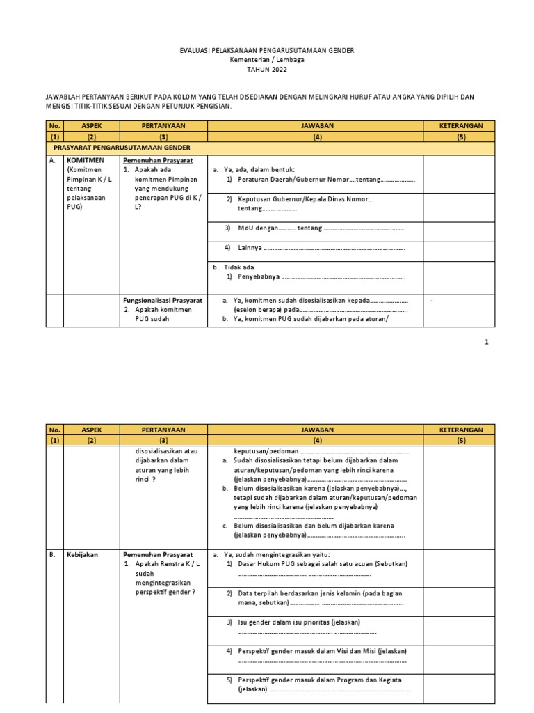 MATRIKS INSTRUMEN EVALUASI PELAKSANAAN PUG KL 2022 - Rev FH | PDF