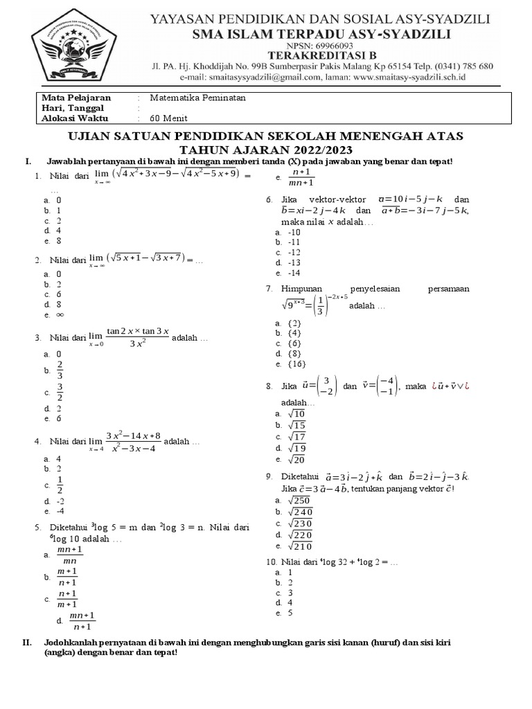 Soal Usp Matematika Peminatan 2022-2023 | PDF