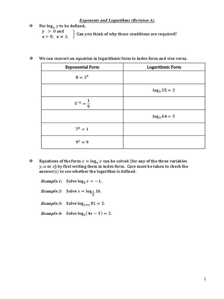 Exponential Logarithmic Functions Equations Revision A | PDF ...