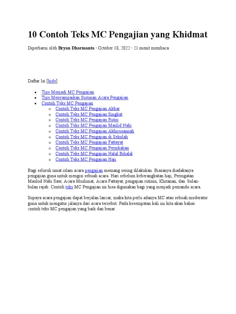 10 Contoh Teks MC Pengajian Yang Khidmat | PDF