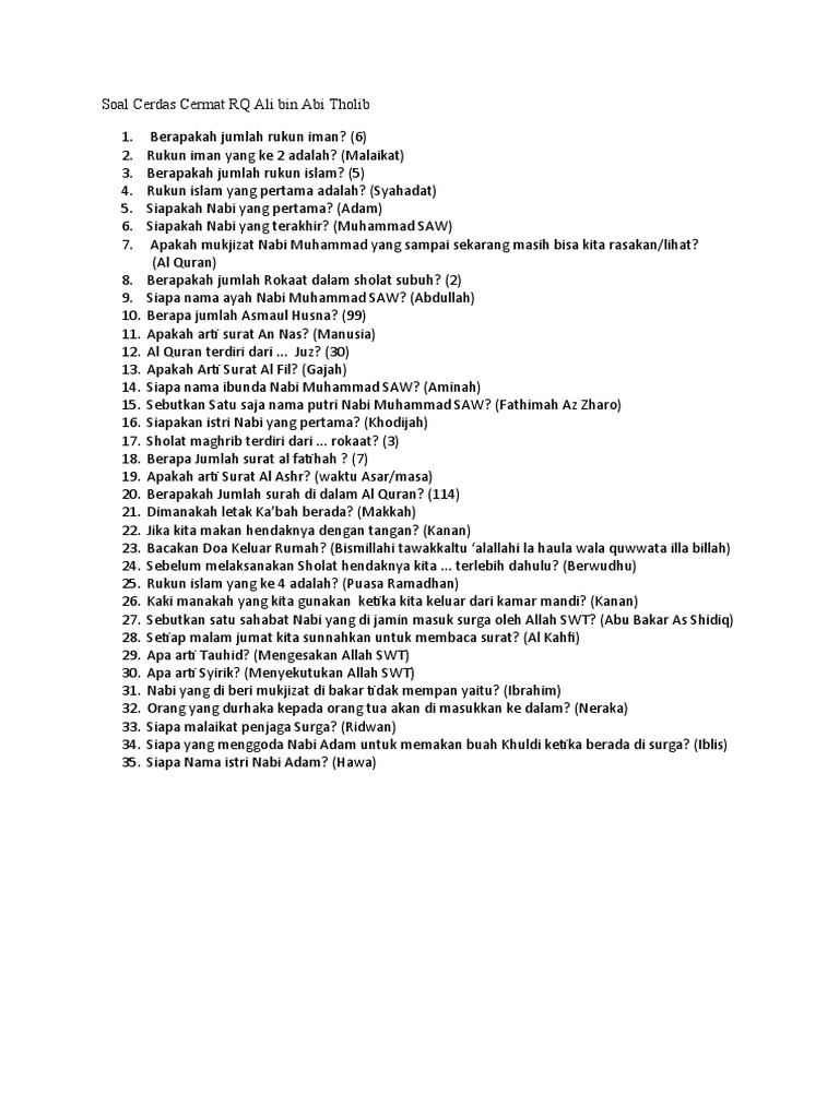 Soal Cerdas Cermat RQ Ali Bin Abi Tholib | PDF