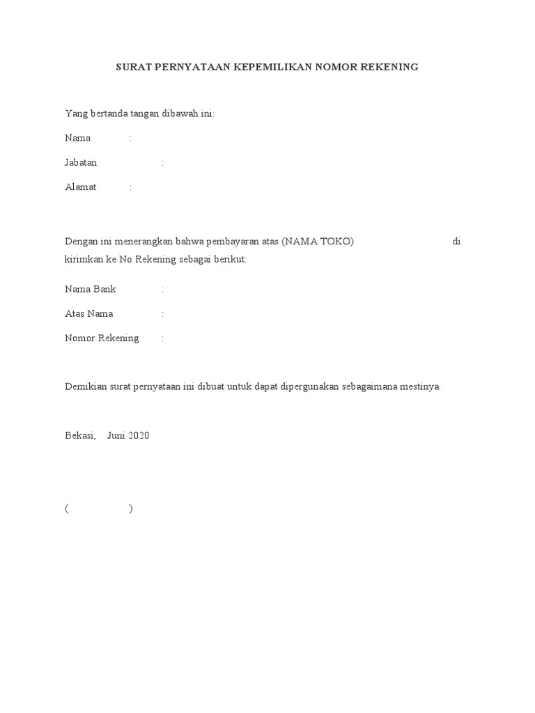 Contoh Surat Pernyataan Rekening | PDF