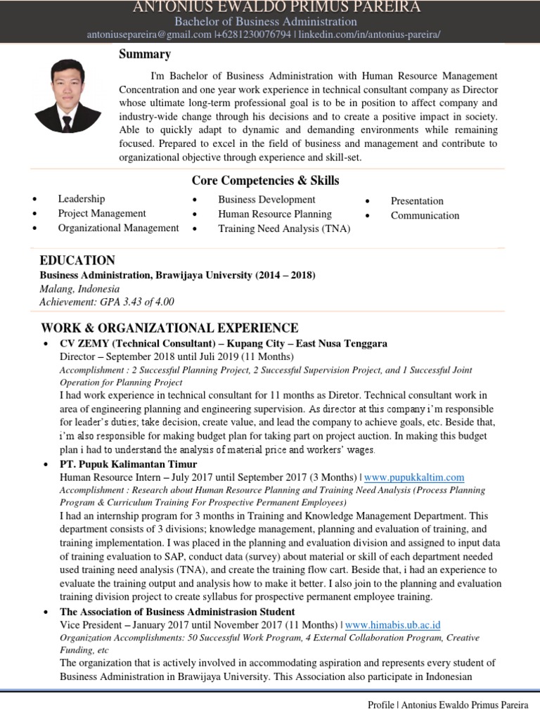 Cv-Antonius Ewaldo Primus Pareira | PDF | Evaluation | Consultant