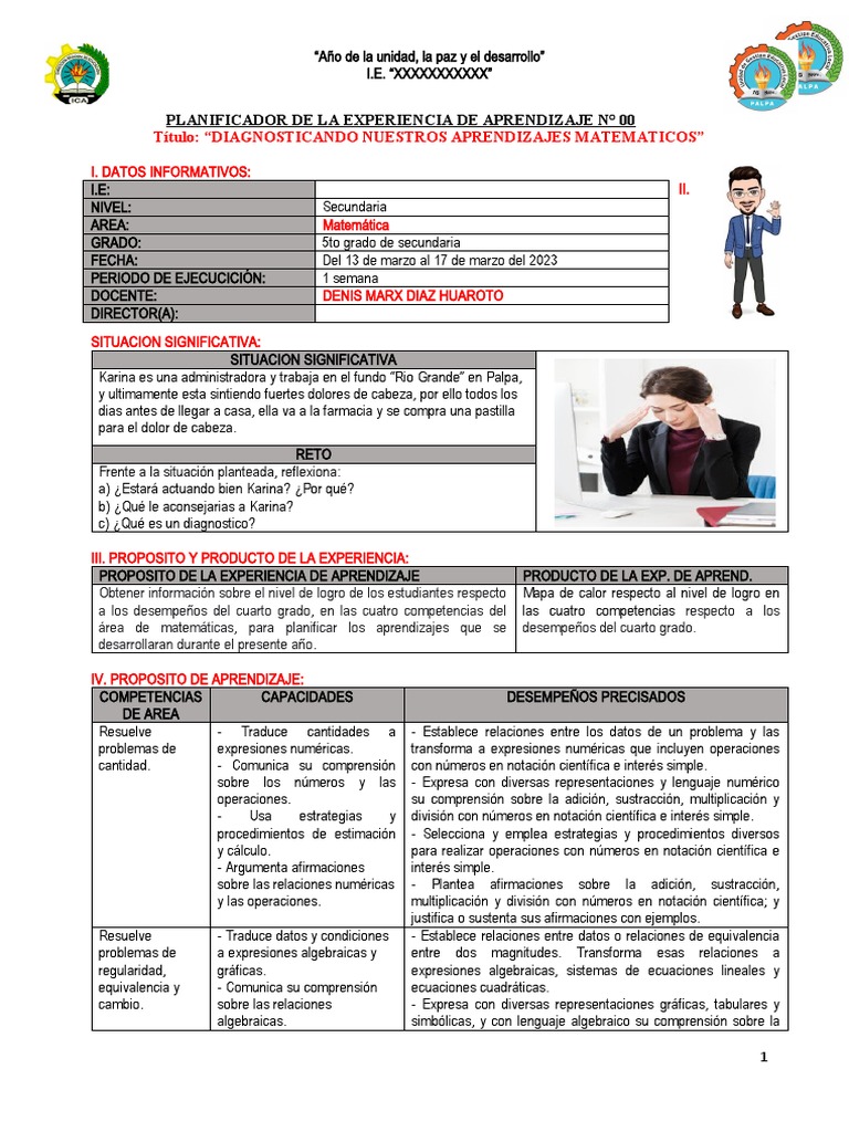 Título: "Diagnosticando Nuestros Aprendizajes Matematicos": Planificador de La Experiencia de ...