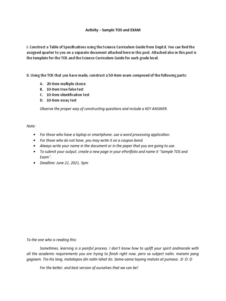 Activity - Sample TOS and EXAM | PDF