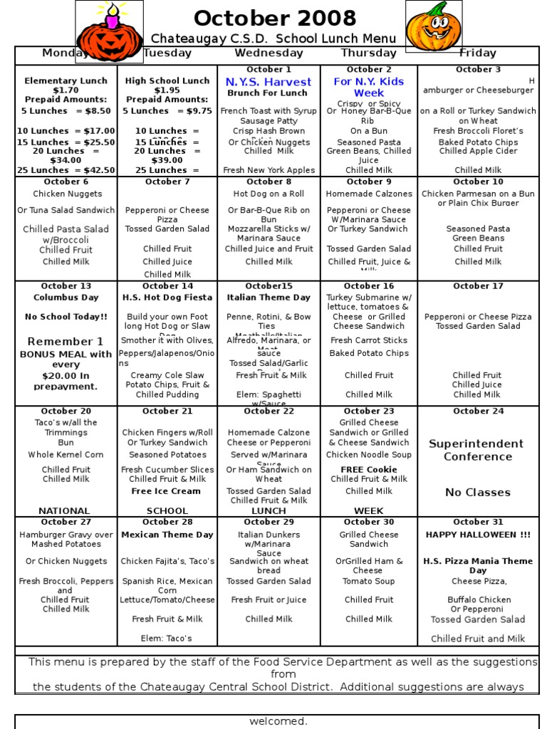 Chateaugay CSD October Lunch Menu | PDF | Lunch | Salad