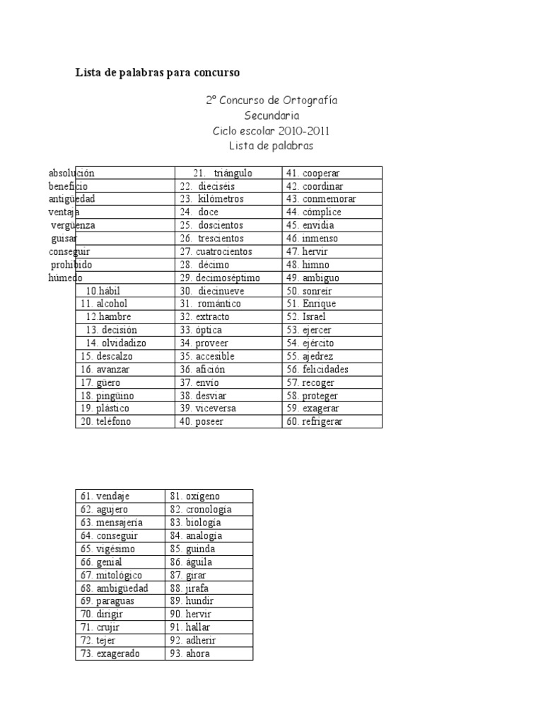 Lista de Palabras para Concurso de Ortografía | PDF