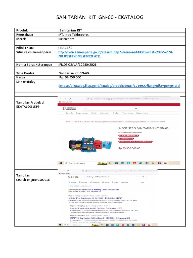Sanitarian Kit GN-60: Harga dan TKDN | PDF