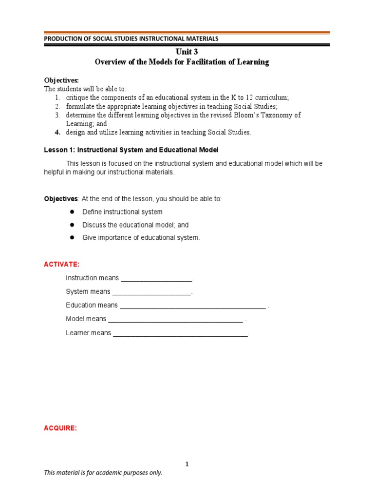 Unit 3 Overview of The Models For Facilitation of Learning | PDF ... Unit 3 Overview of The Models For Facilitation of Learning | PDF ...