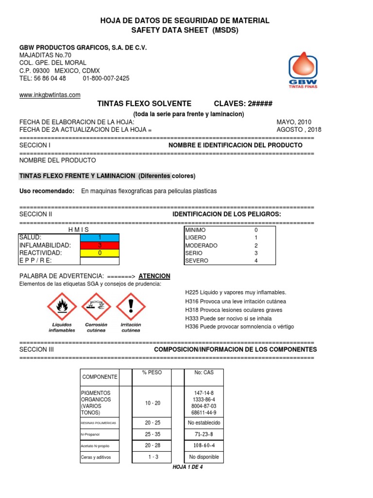 MSDS Hoja de Seguridad Tintas Flexo Solvente Frente y Laminacion GBW ...