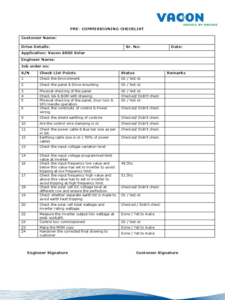 Pre Commissioning Check List | PDF