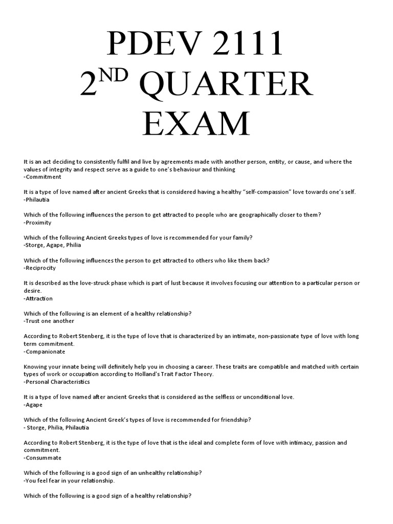PDEV 2111.2nd Quarter Exam | PDF | Love | Family