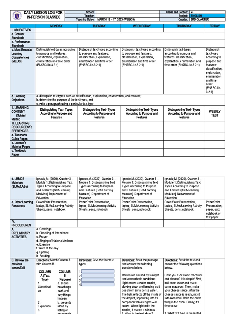 Distinguishing Text Types for Grade 5 | PDF | Foods | Learning