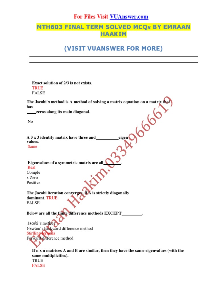 MTH603 Final Term Paper Solved by Haakim PDF | PDF | Matrix (Mathematics) | Eigenvalues And ...