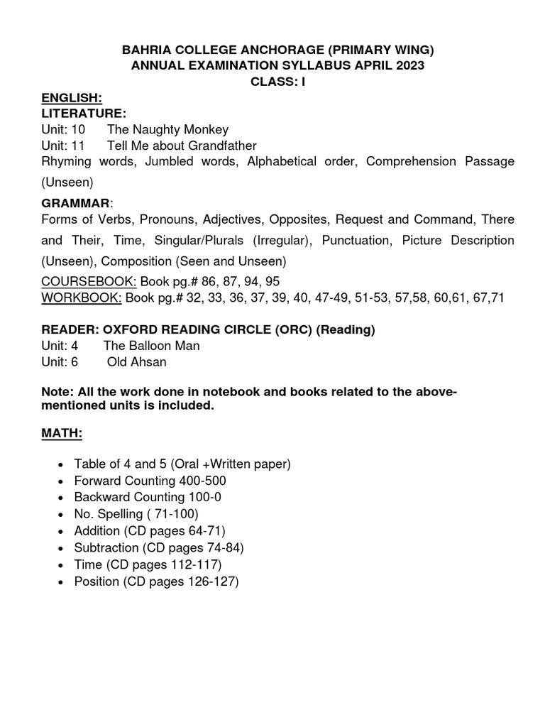 Class 1 Annual Exams Syllabus 2023-1 | PDF