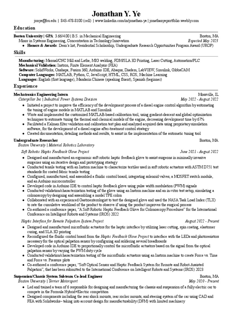 Resume - Jonathan Ye 26 | PDF | Control Theory | Automation