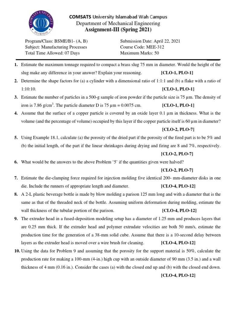 MP Assignment-III (Questions) | PDF | Extrusion | Porosity MP Assignment-III (Questions) | PDF | Extrusion | Porosity