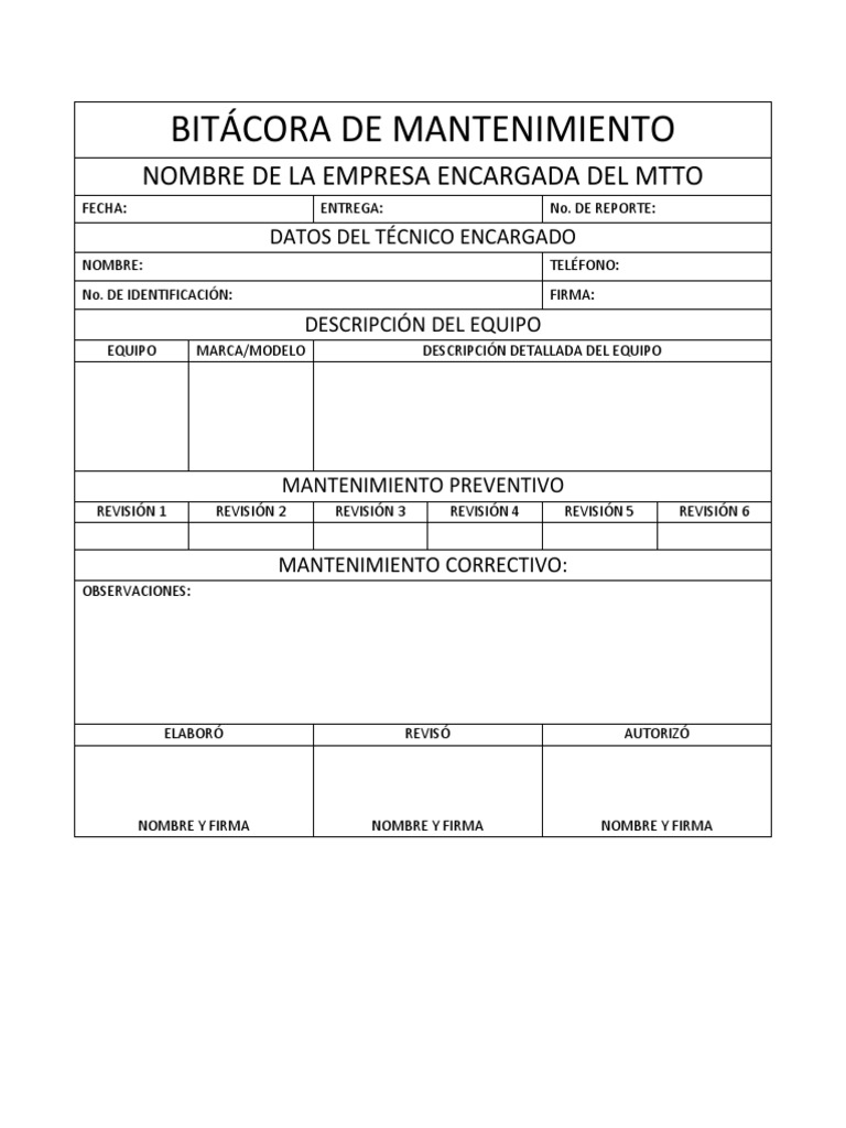Formato de Bitácora de Mantenimiento para Word en Línea | PDF